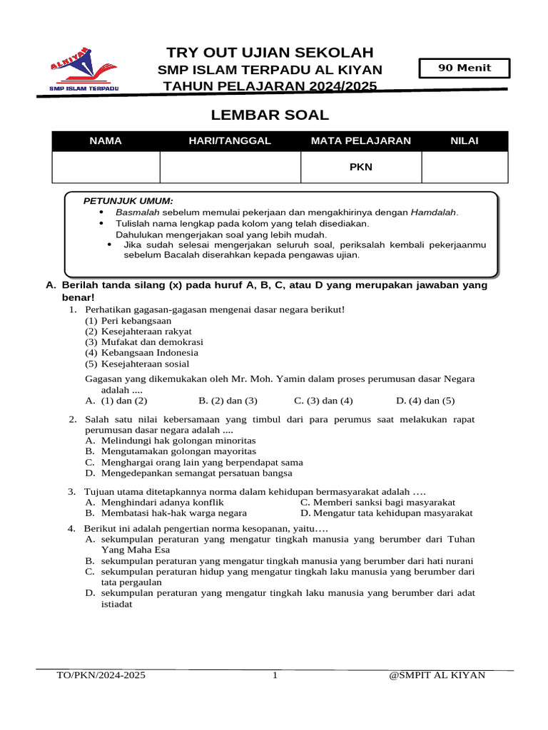 Soal Try Out PKN SMP 24 - 25 | PDF