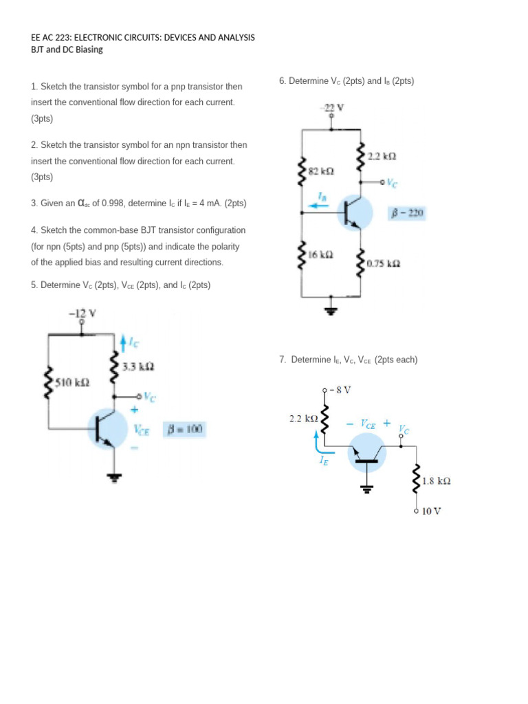 Electric Circuit Questions - BJT and DC Biasing Exam 1 | PDF