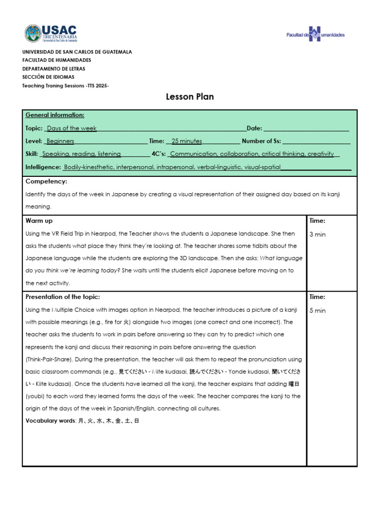 Japanese Days of the Week Lesson Plan | PDF | Kanji | Lesson Plan