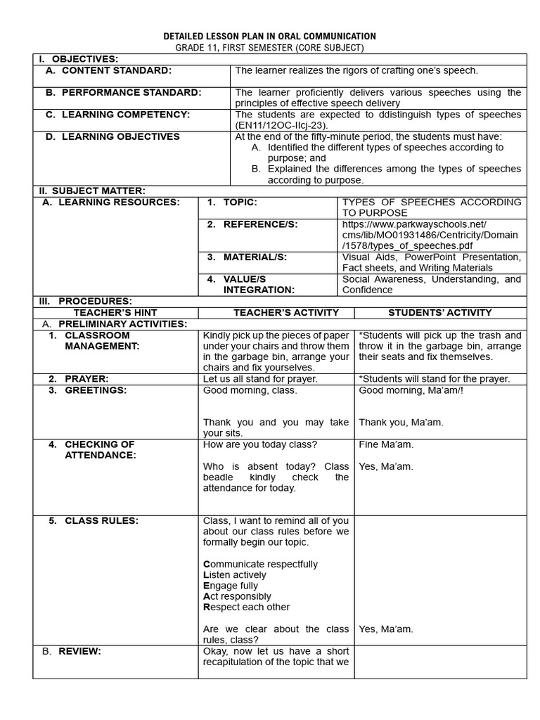 Detailed-Lesson-Plan-In-Oral Com | PDF | Public Speaking | Lesson Plan
