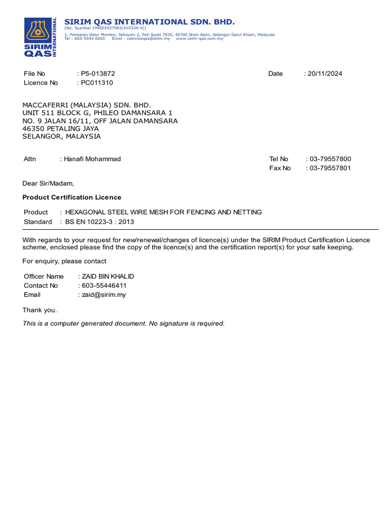 SIRIM Certificate for Hexagonal Wire Mesh | PDF | Civil Engineering