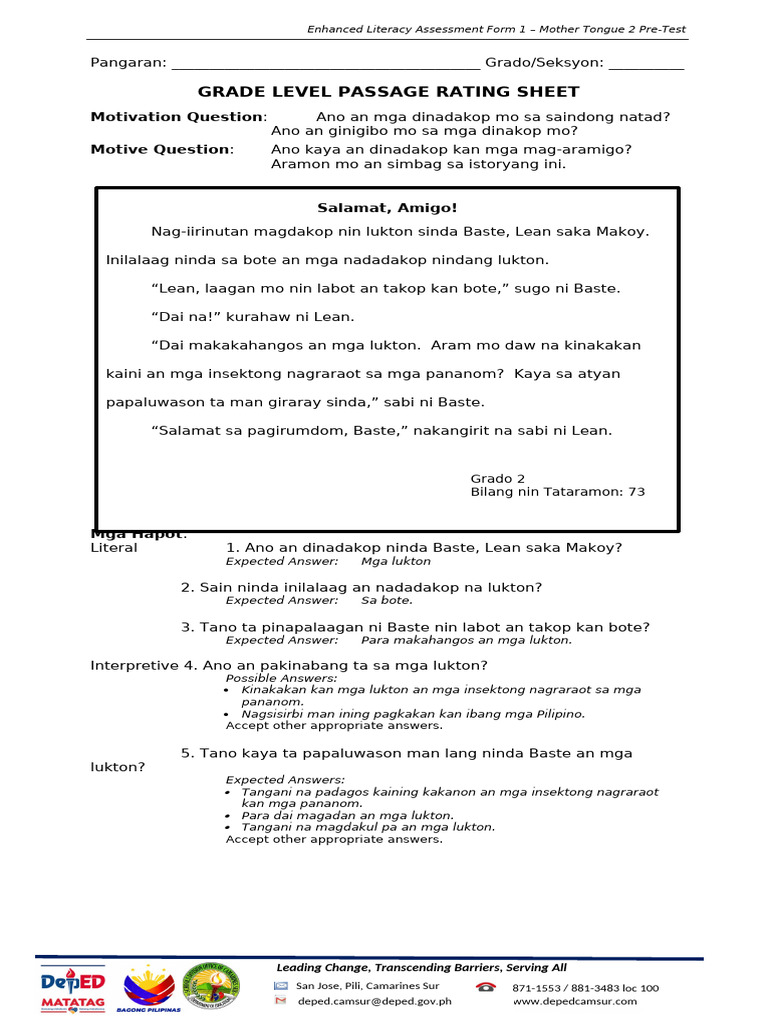 Pretest Grade 2 Mother Tongue | PDF