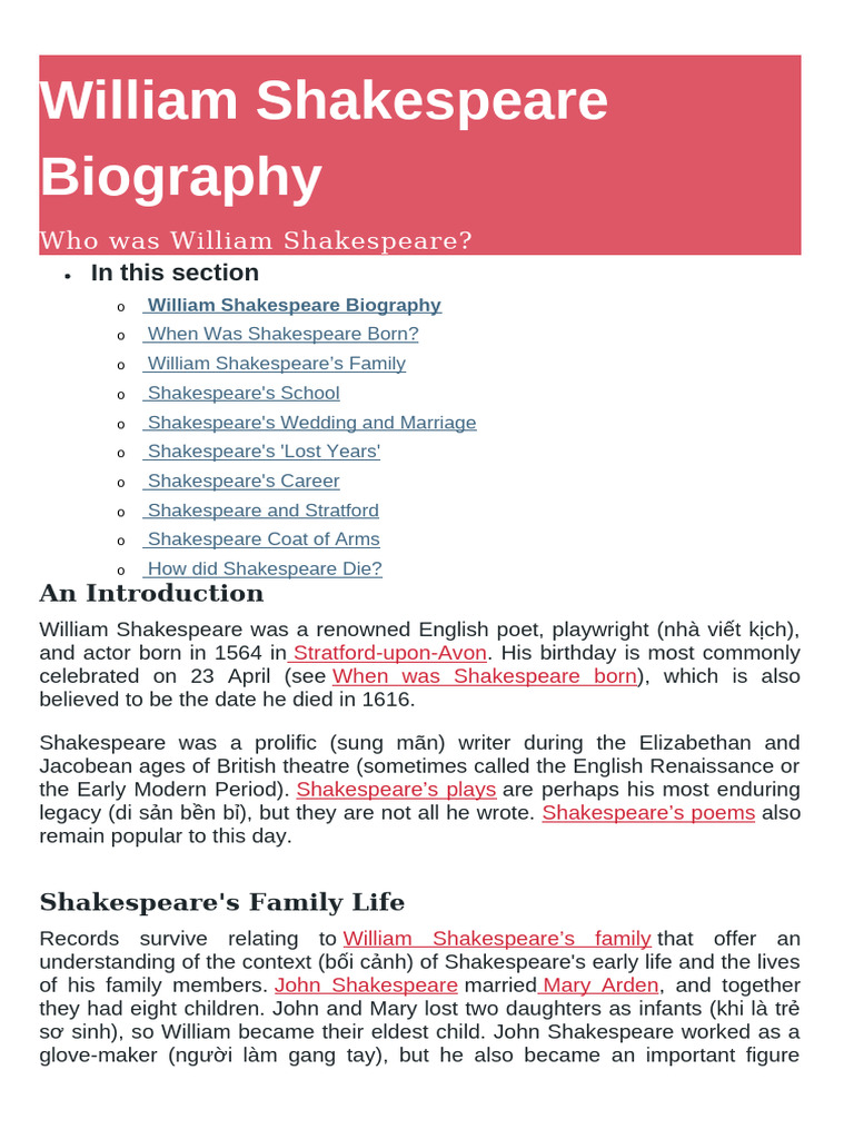 William Shakespeare Biography | PDF | William Shakespeare | Theatre