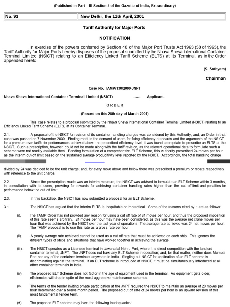 Tariff Authority For Major Ports Notification: No. 93 New Delhi, The ...