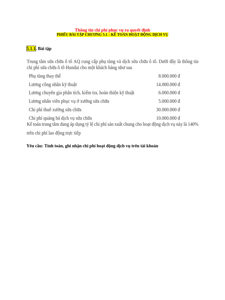 Phieu Bai Tap Chuong 5.1 - Ke Toan Dich Vu | PDF