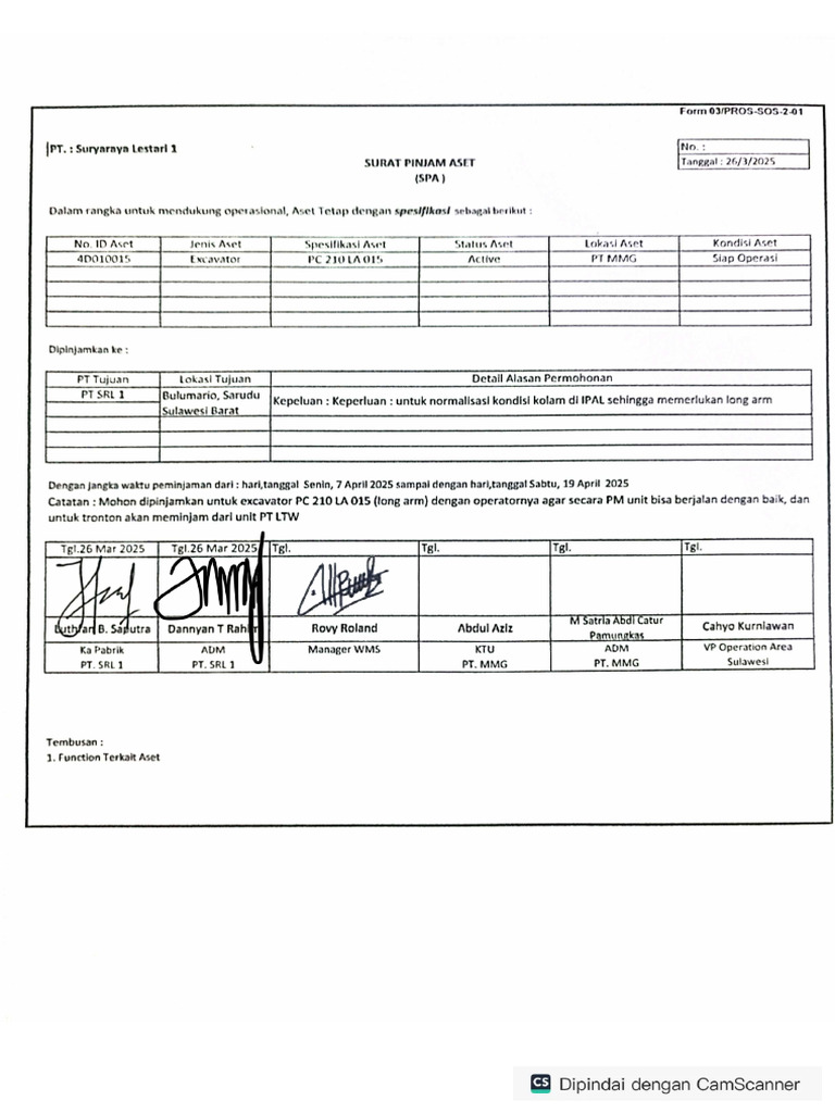 Surat Peminjaman Aset Dari PT MMG Untuk Ke SRL 1 | PDF