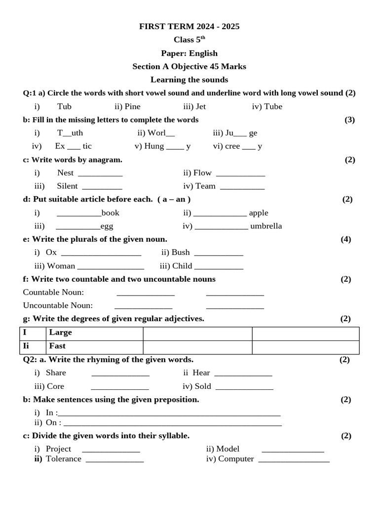Class 5 English First Term Paper 2024 | PDF | Noun | English Language