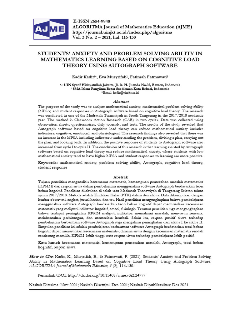 Students Anxiety and Problem Solving Ability in Mathematic Learning Based On Cognitive Load ...
