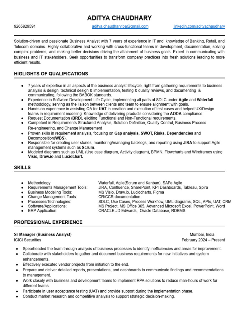 Aditya Chaudhary Resume SrBA | PDF | Software Development Process | Agile Software Development