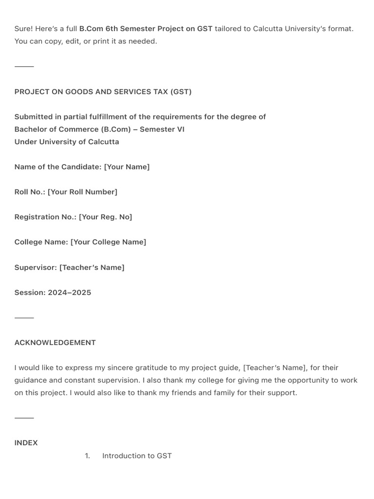 Sure! Here's A Full B.Com 6th Semester Project On GST Tailored To | PDF ...