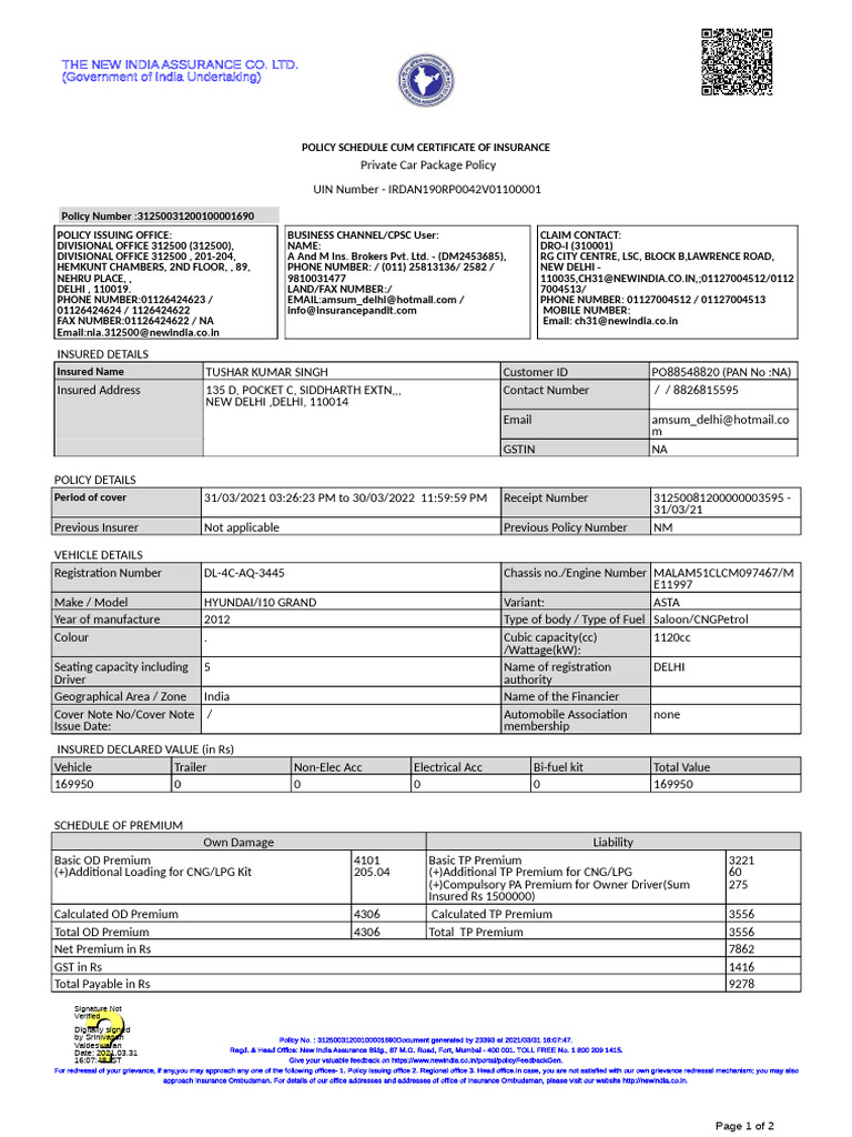 Tushar Kumar Singh New India 2021 3445 PDF | PDF | Insurance