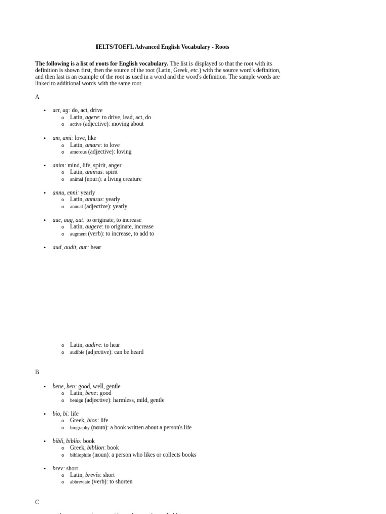 Advanced Vocabulary Roots Guide | PDF | Verb | Latin