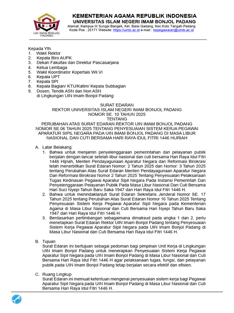 SE Rektor No.10 Tahun 2025 Tentang Perubahan Atas Surat Edaran Rektor UIN Imam Bonjol Padang ...