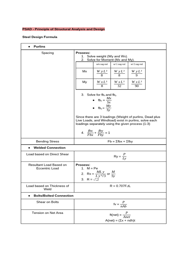 Useful Formula For PSAD | PDF | Bending | Applied And Interdisciplinary Physics