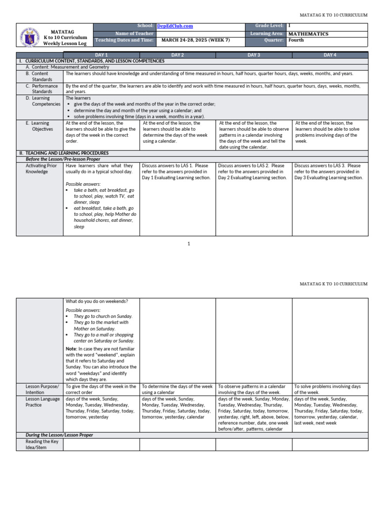 DLL Matatag - Mathematics 1 - Q4 - W7 | PDF | Workweek And Weekend | Learning