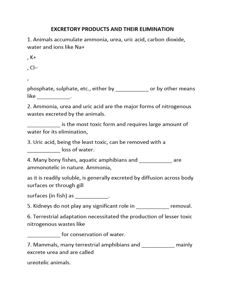 EXCRETORY PRODUCTS FILL IN THE BLANKS-compressed | PDF | Urinary System ...
