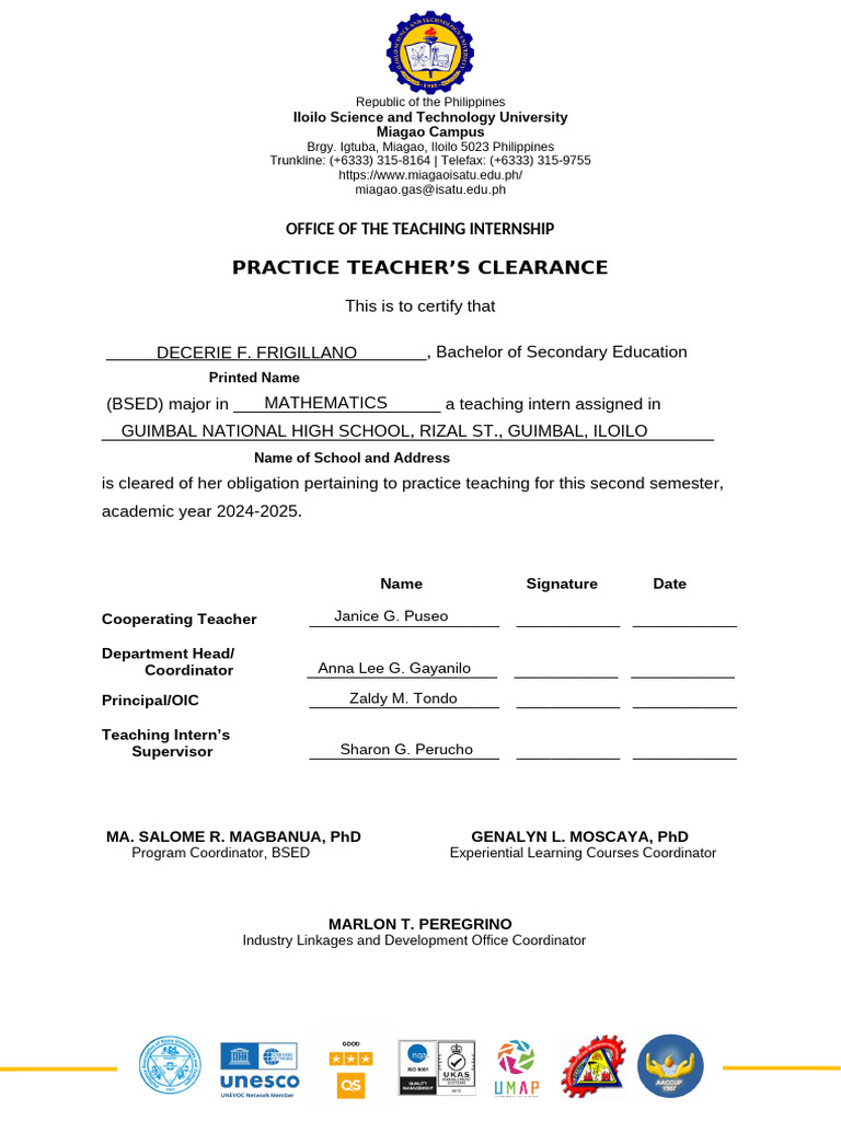 2025 Teaching Interns Clearance Guimbal Math | PDF | Educational Stages | Learning