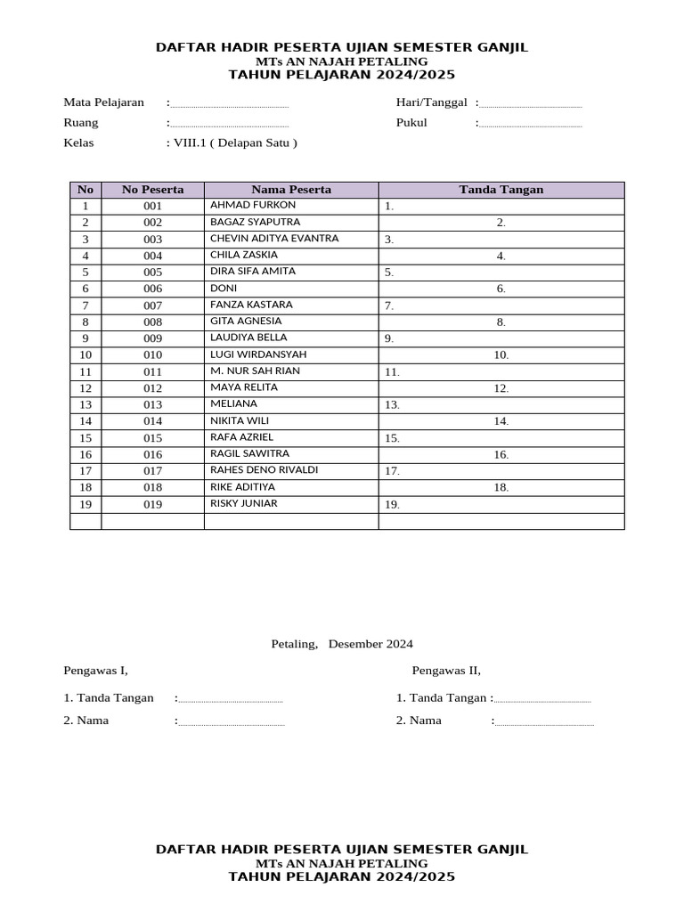 Daftar Hadir Siswa Ganjil Baru | PDF