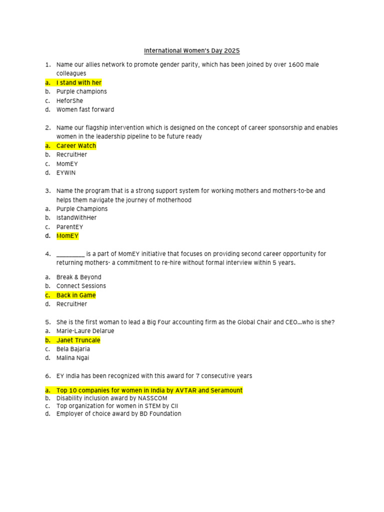 International Women’s Day 2025 Quiz | PDF