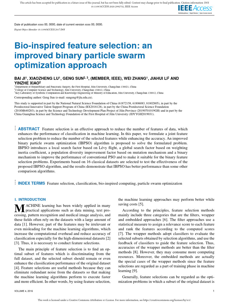 Bio-Inspired Feature Selection an Improved Binary | PDF | Machine Learning | Applied Mathematics
