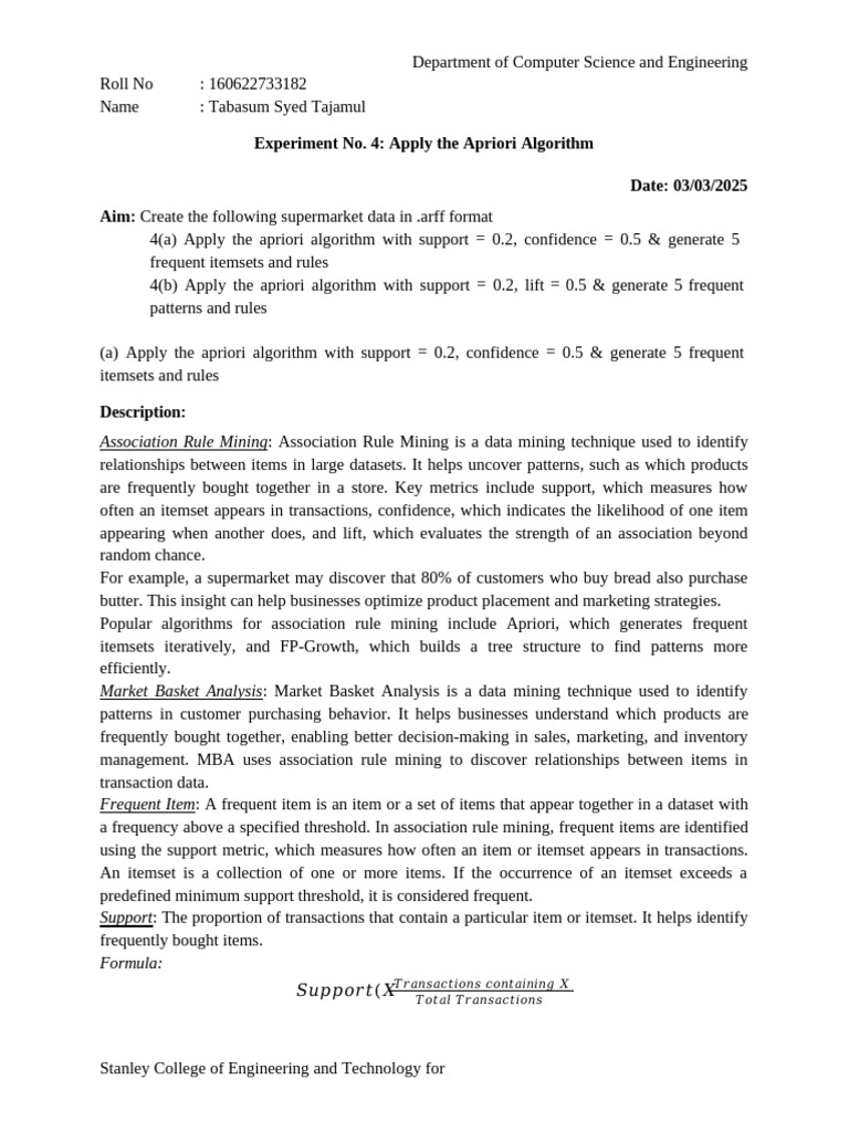 Data Mining Experiment 4 (1) | PDF | Information Technology | Algorithms