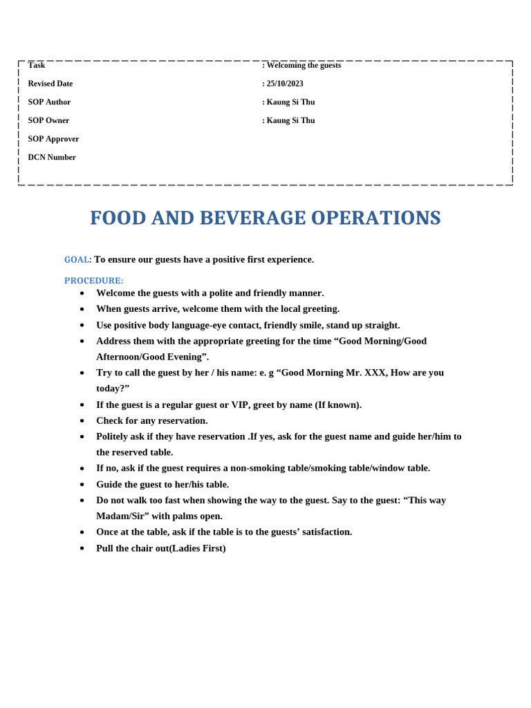 Food and Beverage Operations: Goal Procedure | PDF