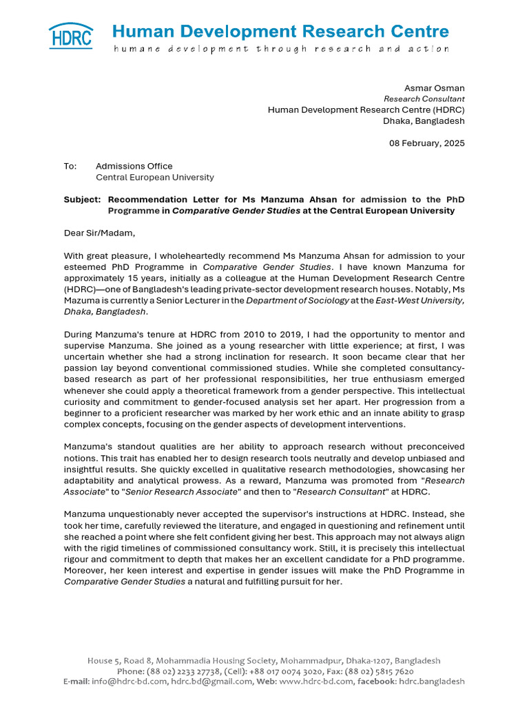 Recommendation Letter - Manzuma | PDF | Gender | Gender Studies