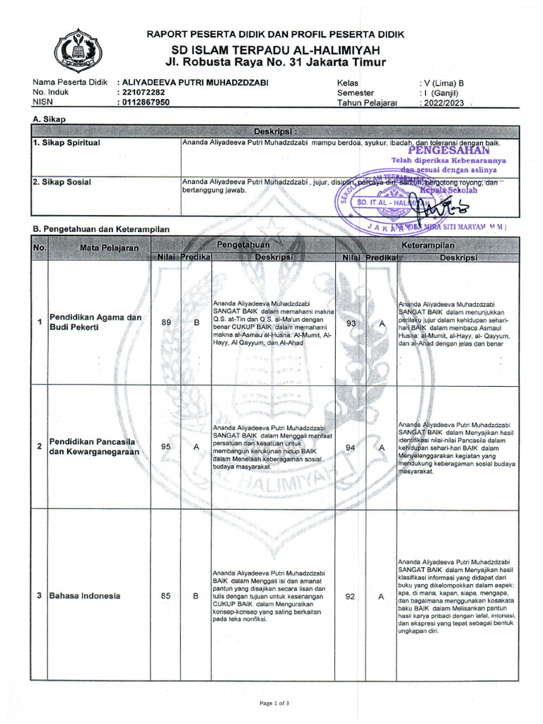 Rapot Kls V smt 1 | PDF