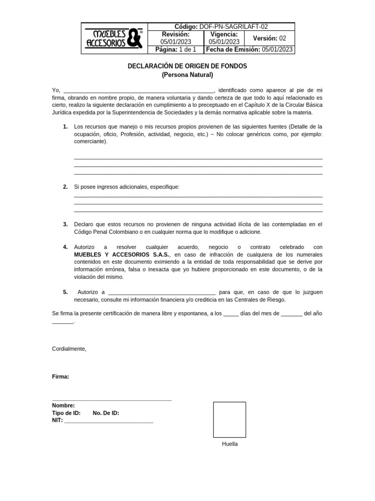 Formato de Declaración de Origen de Fondos (Persona Natural) | PDF | Justicia | Crimen y violencia