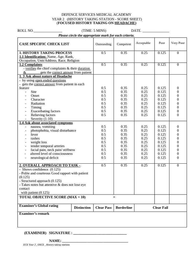 ECE Yr 2 History On Headache OSCE ScSheet - 2 | PDF | Headache | Medicine