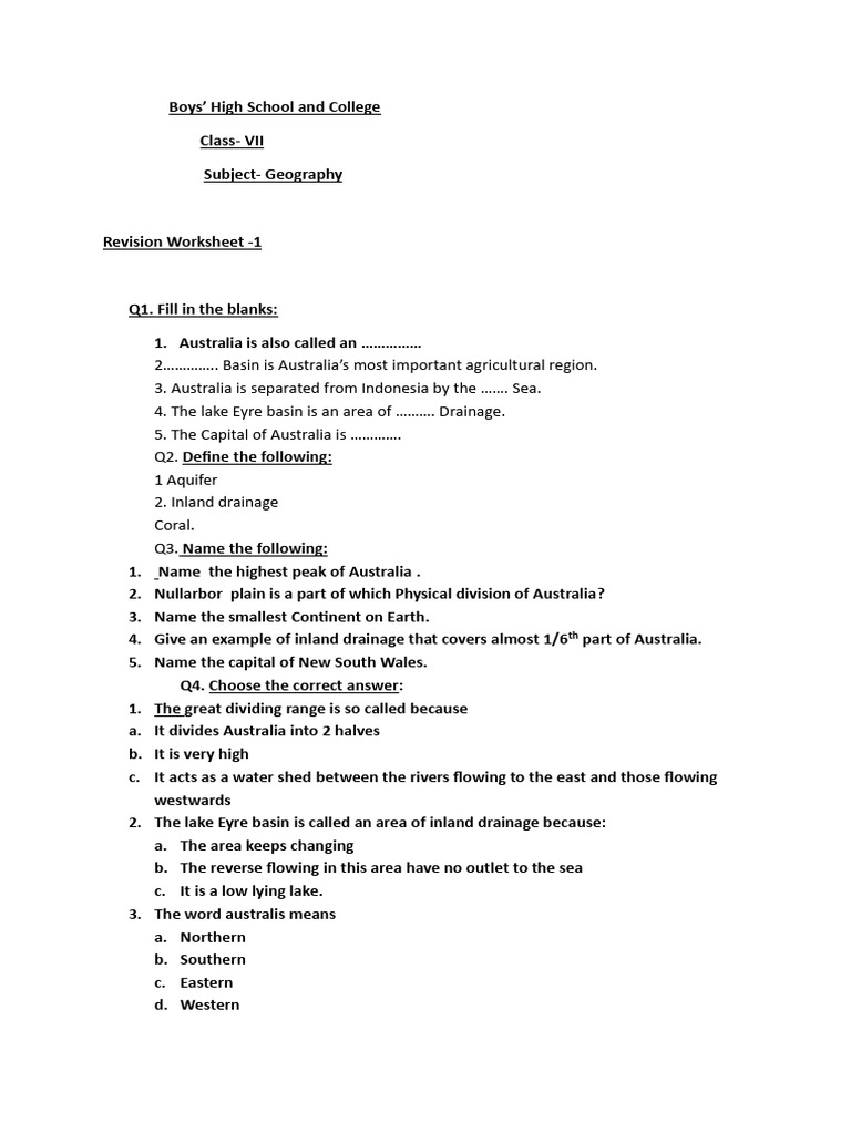 Class 7 (Geography) Revision Worksheet pdf1 | PDF | Australia | Drainage Basin
