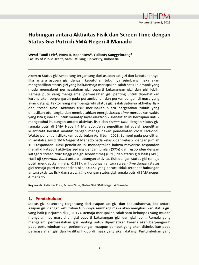 Hubungan Antara Aktivitas Fisik Dan Screen Time Dengan Status Gizi | PDF