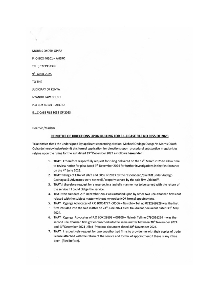 Notice of Directions Upon Ruling For E.L.C NO E055 of 2023 | PDF