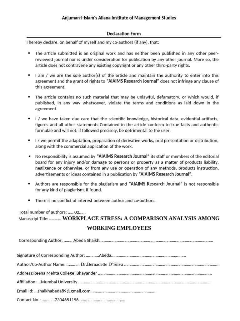 Authors Declaration Form - 1 | PDF | Derivative Work | Justice