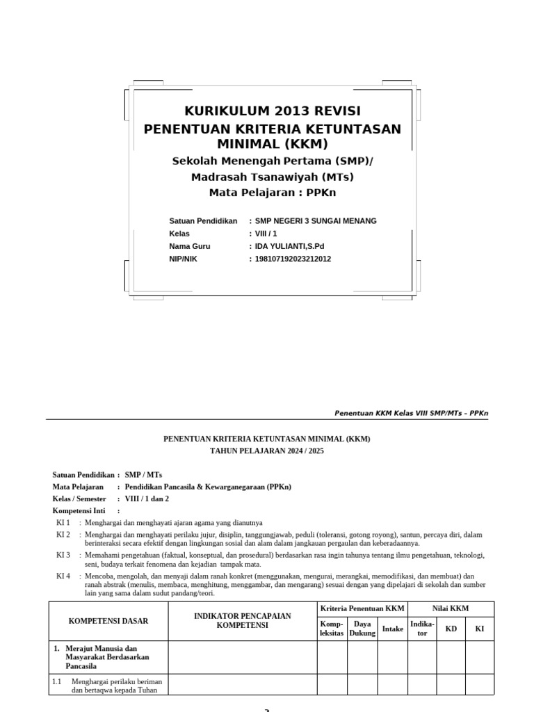 Penentuan KKM KLS 8 PKN Semester 2 TH 2025 | PDF