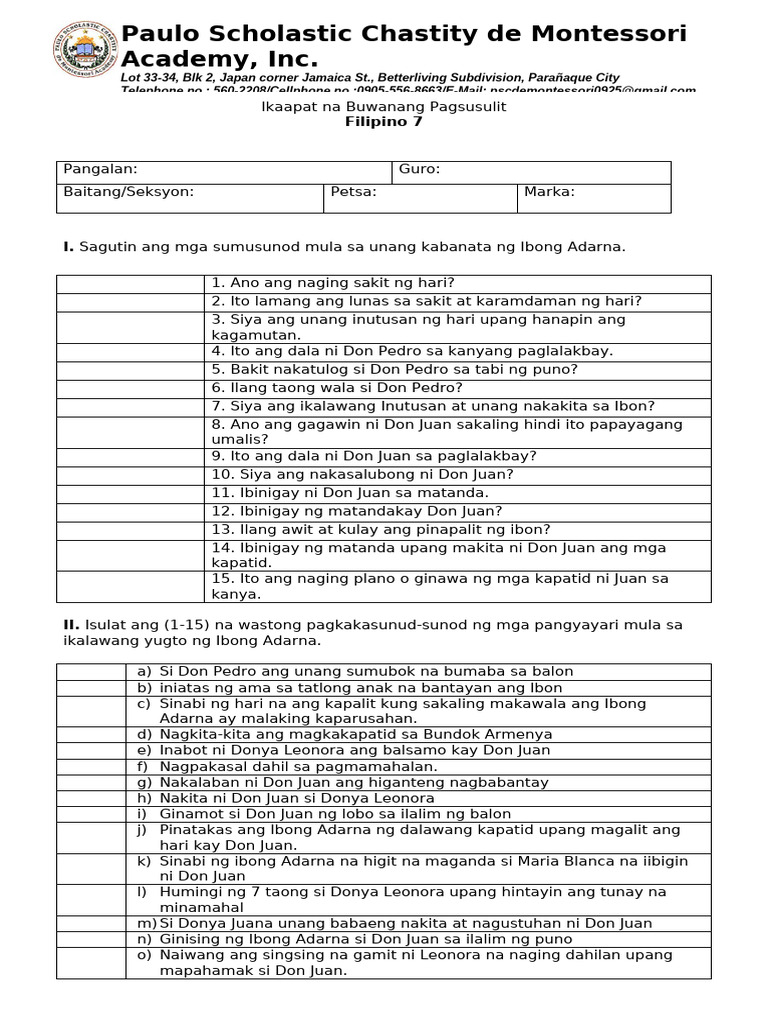 Filipino 7 4th Mastery Test 2020-2021 | PDF
