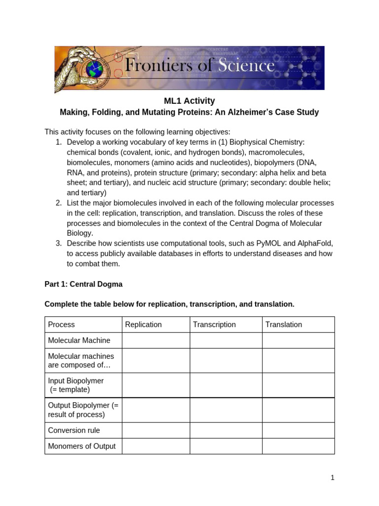 ML1 Activity - Central Dogma and AlphaFold For STUDENTS | PDF | Genetic ...