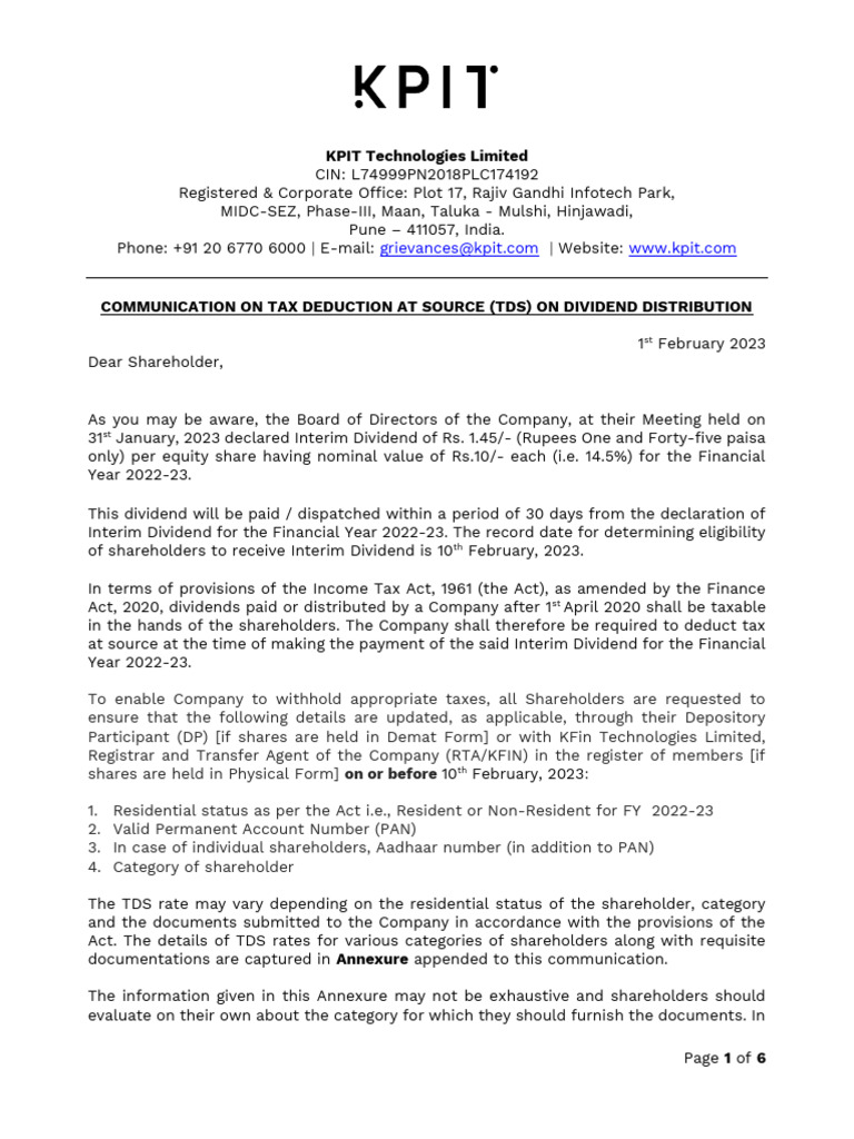 KPIT Communication On TDS | PDF | Dividend | Taxes