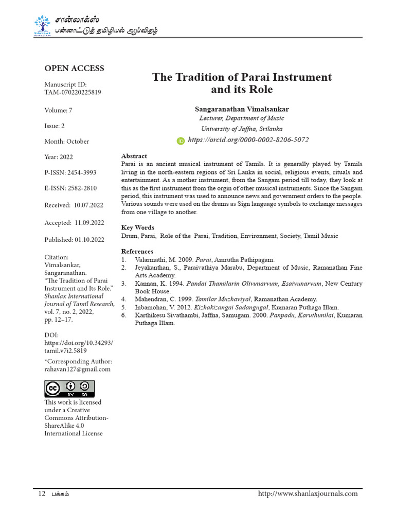 The Tradition of Parai Instrument and Its Role | PDF | Musicology | Tamils