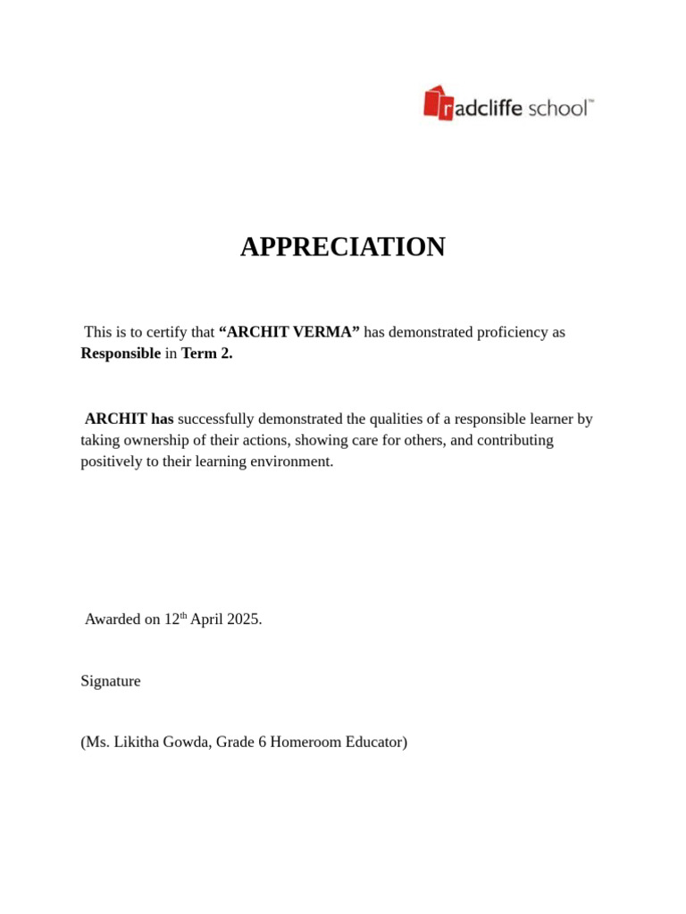 Certificate of Responsibility for Archit Verma | PDF