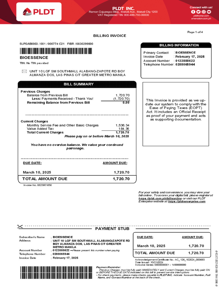 PLDT Southmall 22 - 022025 - Soa | PDF | Value Added Tax | Credit Card