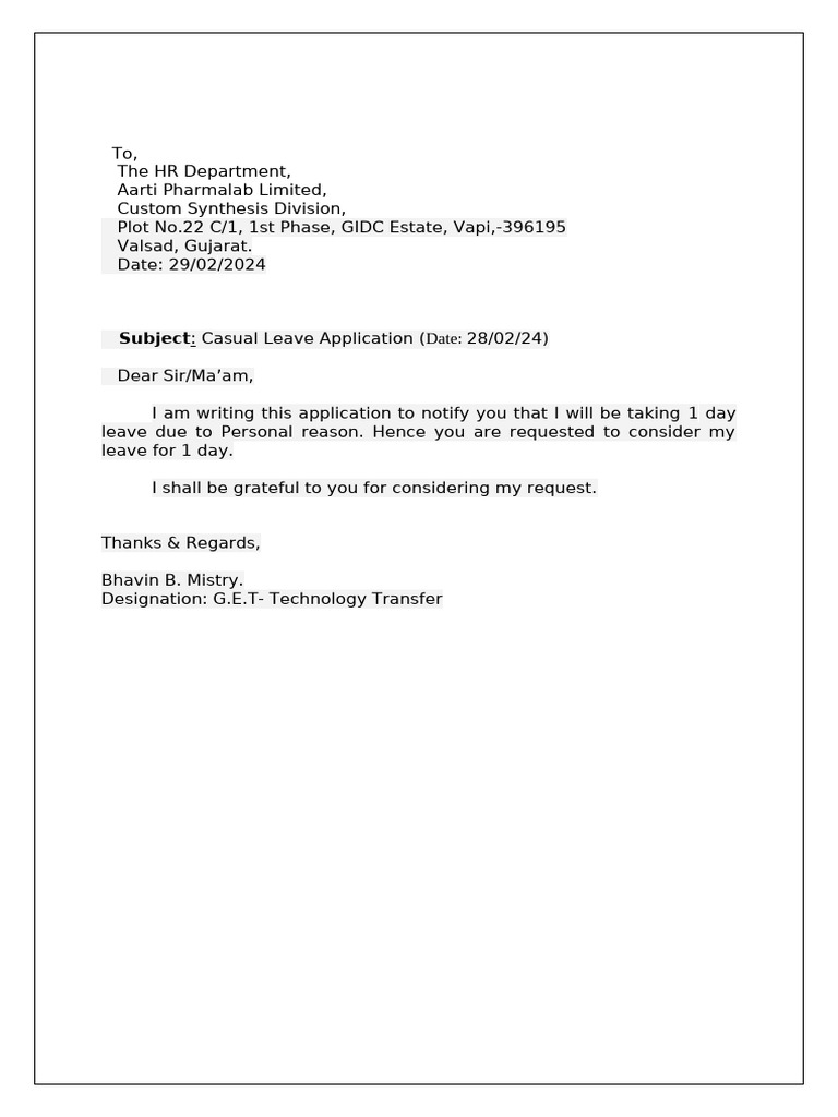 Casual Leave Application - Aarti Pharmalab | PDF