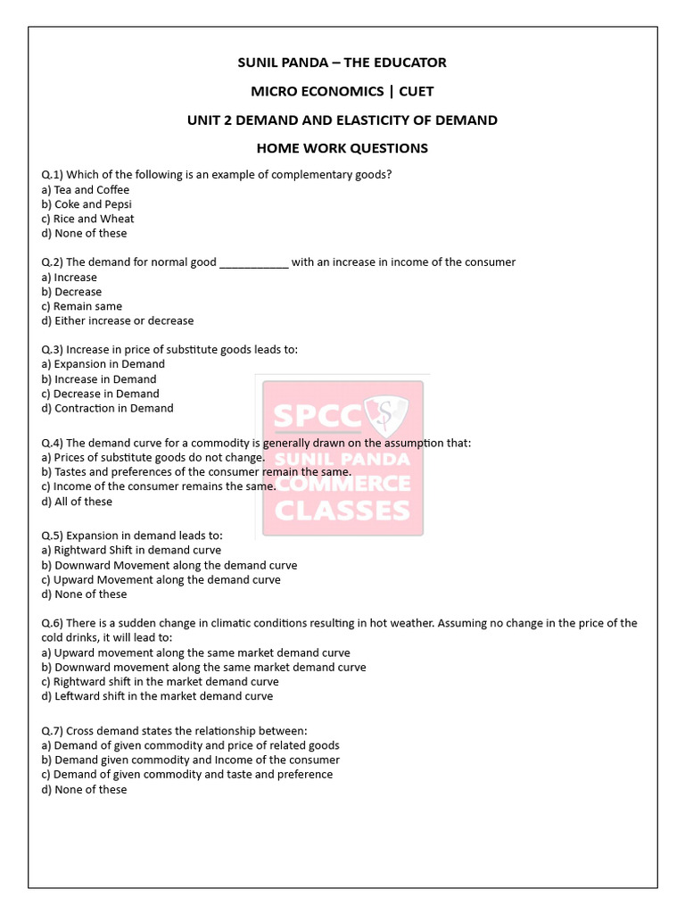 HW Unit 2 Demand and Elasticity of Demand @commerce - Se - Hoga | PDF | Demand | Price ...