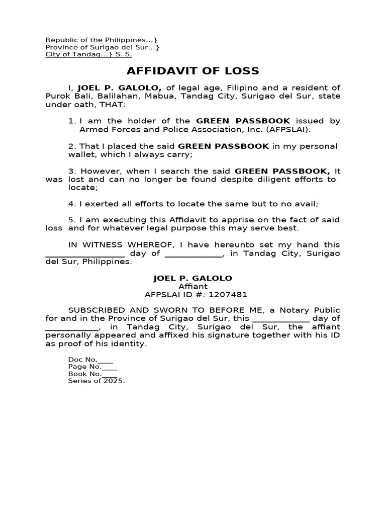 Affidavit of Loss - Joel P. Galolo | PDF