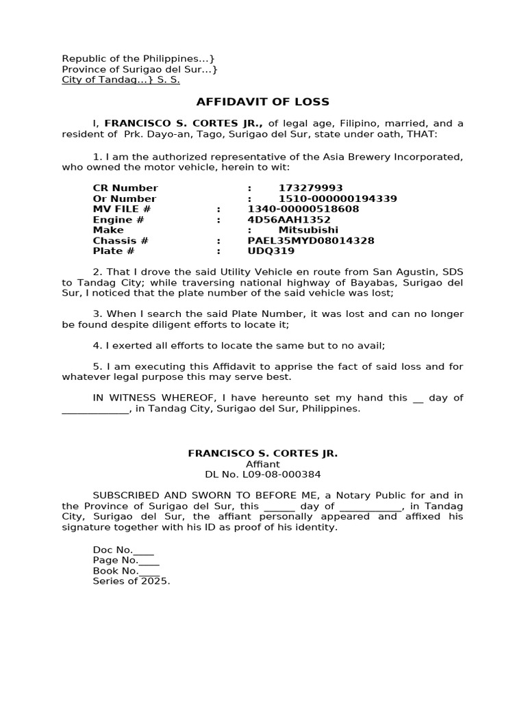 Affidavit of Loss for Vehicle Plate | PDF