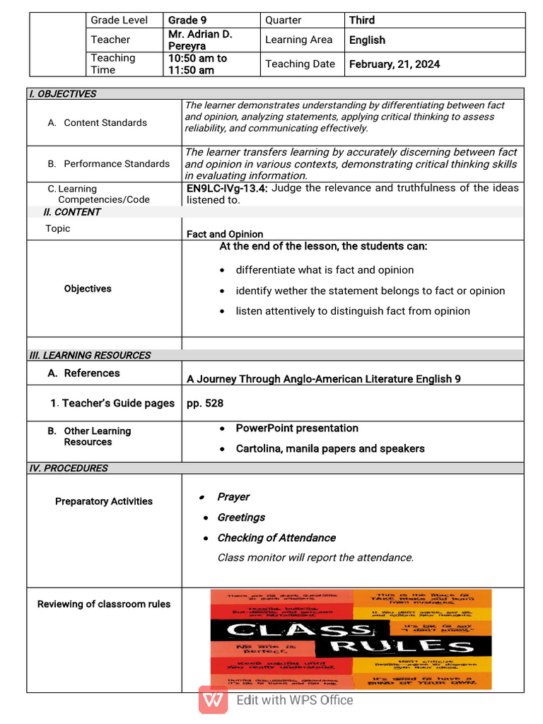 Lesson-Plan_Fact-and-Opinion-1 | PDF | Learning | Critical Thinking