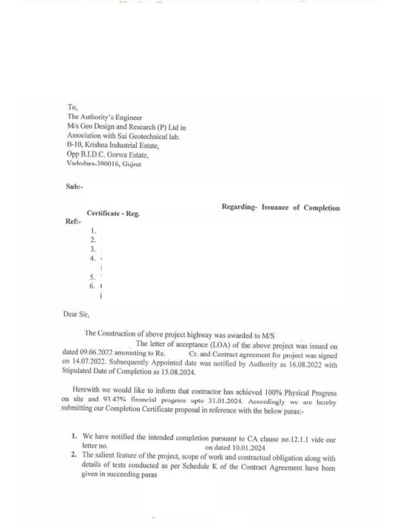 Draft For Issuance of Completion Certificate | PDF