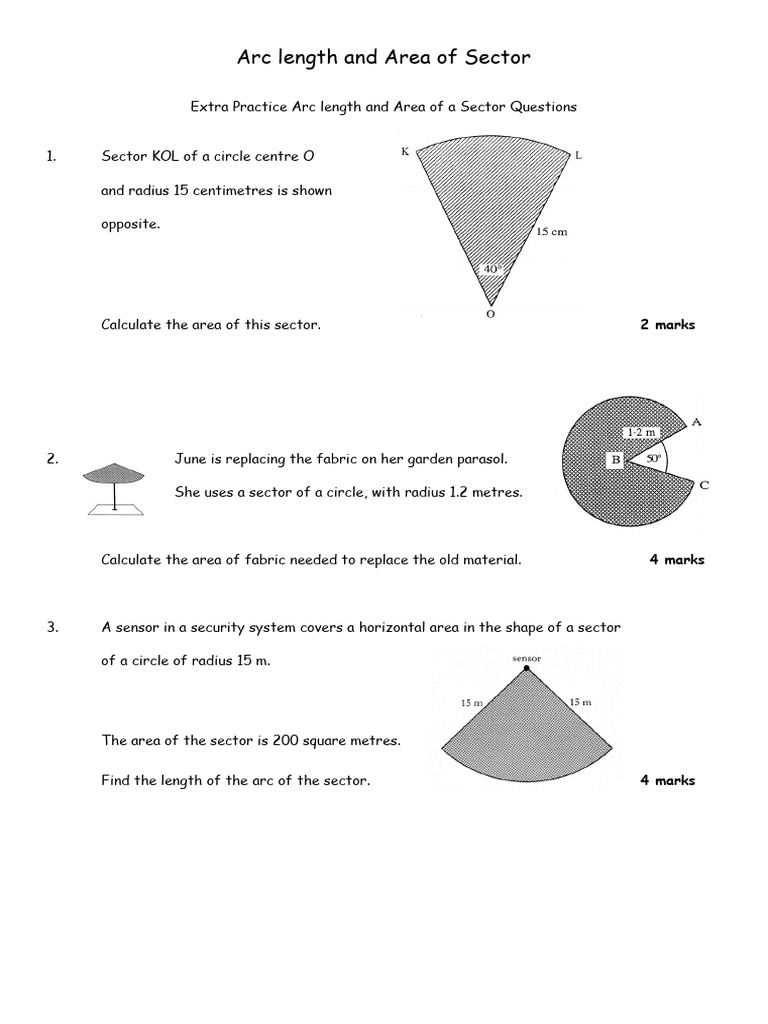 Arc Length Area of Sector Extra Questions | PDF | Area | Circle
