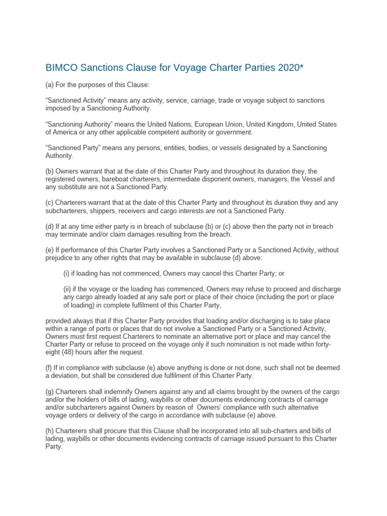 BIMCO Sanctions Clause for Voyages 2020 | PDF | Shipping | Private Law