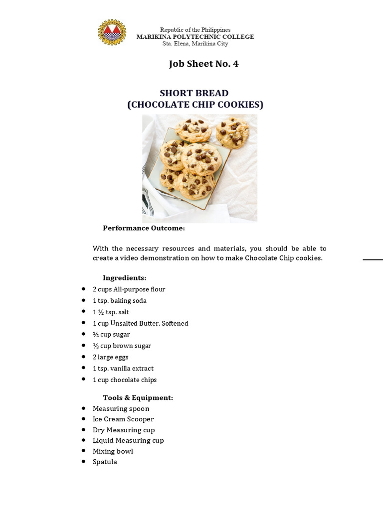 Job Sheet 4 - Chocolate Chip Cookies | PDF | Baking | Chocolate